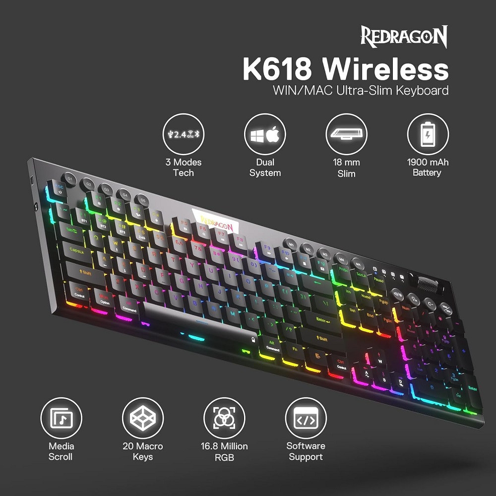 Redragon K618 PRO Wireless Low Profile Red Switches Claviers Redrag...